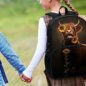 Drydeepin Cute Highland Cow Sunflower Print Children School Bag Casual Daypack Lightweight School Backpack for Teens Boys Girls Middle School Primary School Student Bookbag Travel Rucksack