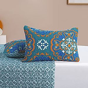 PHF 100% Cotton Fabric Boho Paisley Quilt Set Queen/Full Size, 3PCS Lightweight Cozy Bedspread for All Season, Extra Soft Reversible Bed Spread, Coverlet 90" x 90" and 2 Pillow Shams, Teal Blue