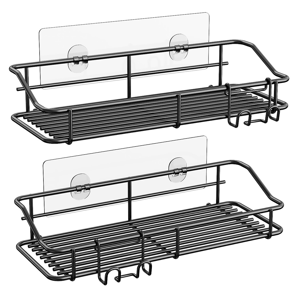 Nieifi Shower Caddy Shelf with Hooks Storage Rack Organizer Adhesive Stainless Steel Without Drilling for Bathroom, Lavatory, Washroom, Restroom, Shower, Toilet, Kitchen - 2 Pack (Black)