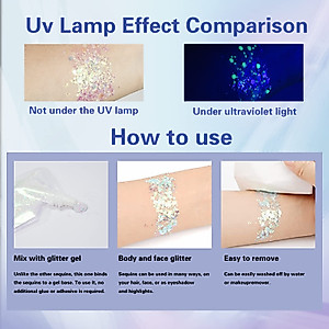 HOSAILY Glow in The Dark Face Body Glitter Gel, UV Body Glitter Glow in The Dark, Sparkling Neon Body Glitter for Women, Luminous Sequins Chunky Glitter Makeup Festival Party Rave Accessories (White)