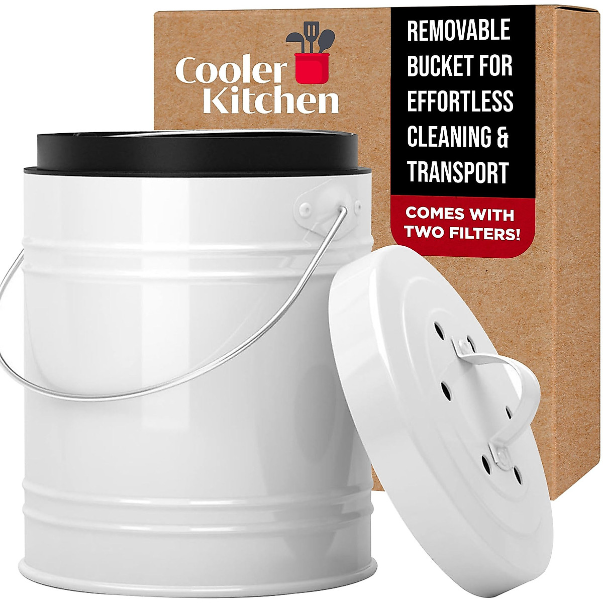 Cooler Kitchen 3 Liter White Countertop Compost Bin - Kitchen compost bin with EZ-No Lock Lid, Plastic Liner & Charcoal Filters - Sturdy Construction & Odor-Free Seal to Prevent Smell, Dishwasher Safe