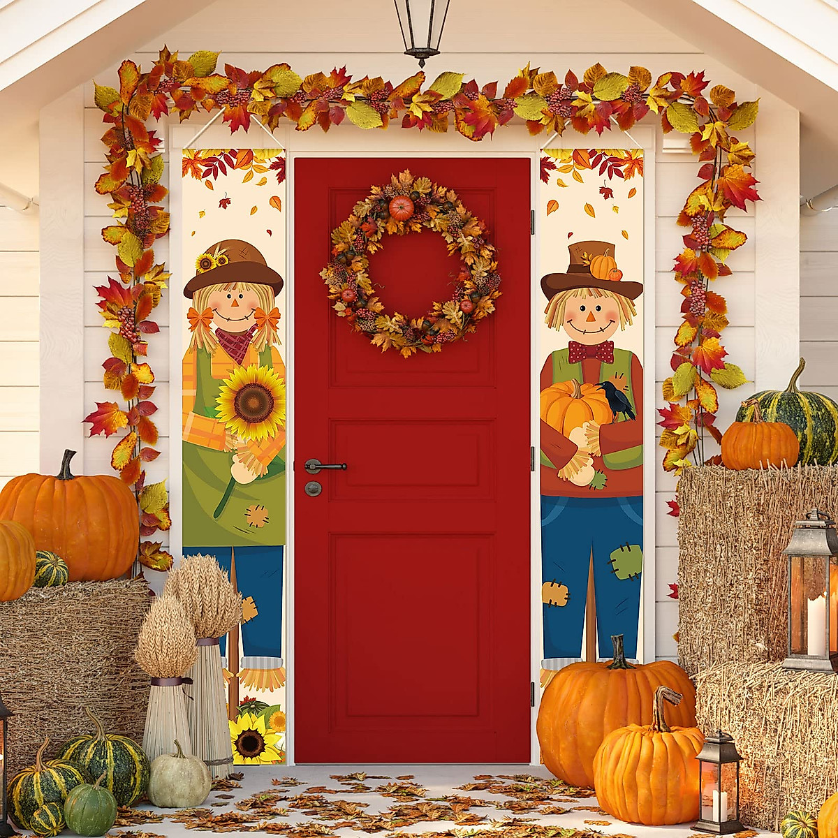2 Pcs Thanksgiving Porch Sign Banner Fall Harvest Banner Autumn Scarecrow Maple Leaves Pumpkin Hanging Door Sign for Indoor Outdoor Home Party Decorations, 12 x 71 Inch