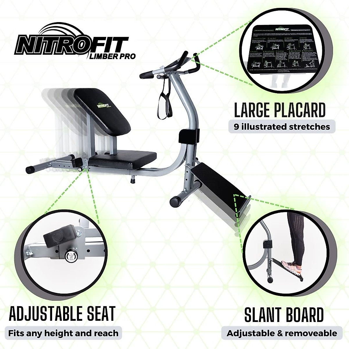Full Body Stretching Machine Nitrofit Limber Pro. Only Stretch Machine with Adjustable Sliding Seat & Slant Board. Stretch Training Video included. Great for Spinal Decompression, Improving Flexibility, Mobility, Muscle Pain Relief for back, Home Gym