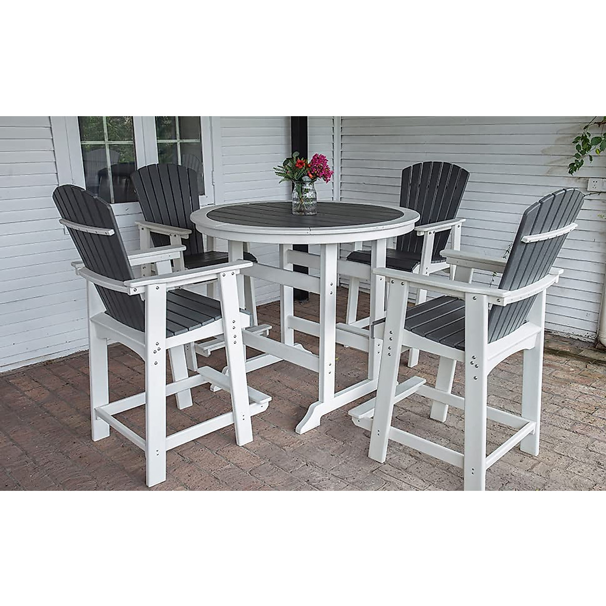 kevinplus Patio Bar Table and Bar Chairs Set of 4, Outdoor Bar Table with Umbrella Hole, Round Bar Table Set for Garden Backyard Poolside Balcony (5 PCS, Grey and White)