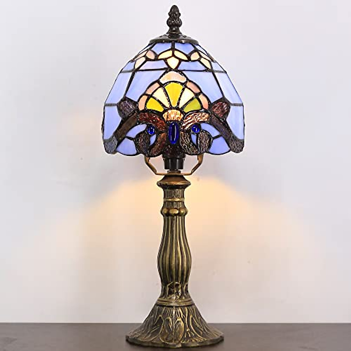 RHLAMPS Small Tiffany Lamp Mini Accent Table Lamp Blue Stained Glass Baroque Style Desk Memory Lamp Sympathy 6X14.6 Inch