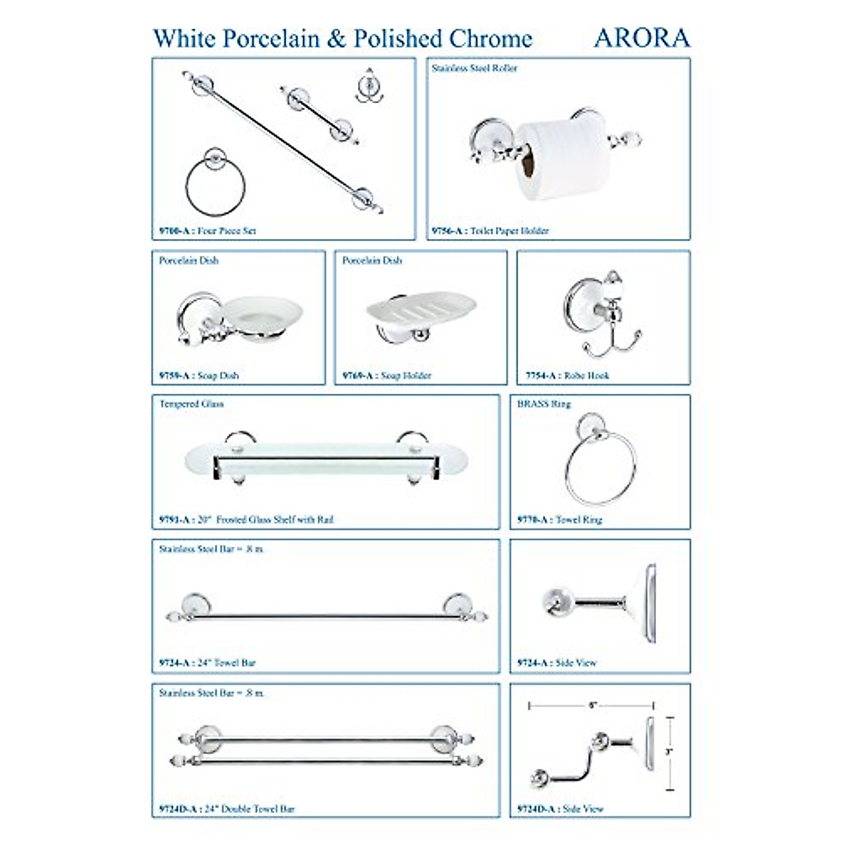 MODONA 20" Frosted Glass Shelf with Pre-Installed Rail - White Porcelain & Chrome - Arora Series - 5 Year Warrantee