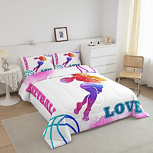 Basketball Lovers Kids Comforter Set Full Size,Modern Sports Games Competition Bedding Set,Girls Boys Adults Room Decor,Hand Painted Fashion Down Comforter,Pink Purple Duvet Insert,2 Pillowcases