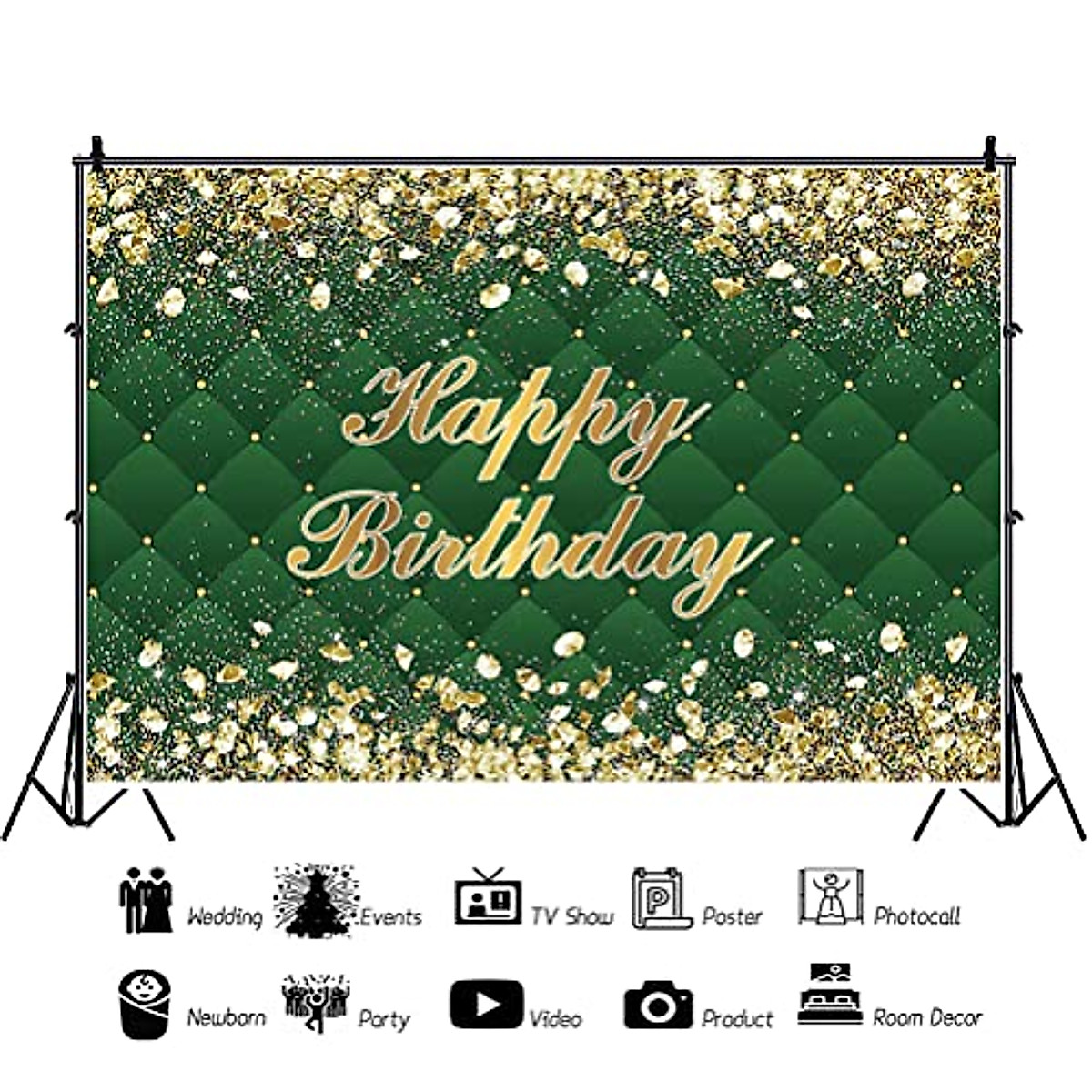 Renaiss 7x5ft Happy Birthday Backdrop Banner for Photoshoot Portrait Gold Diamonds Green Photography Background for Men Women 30th 40th 50th 60th 70th 80th Bday Party Decor Glitter Photo Booth Prop