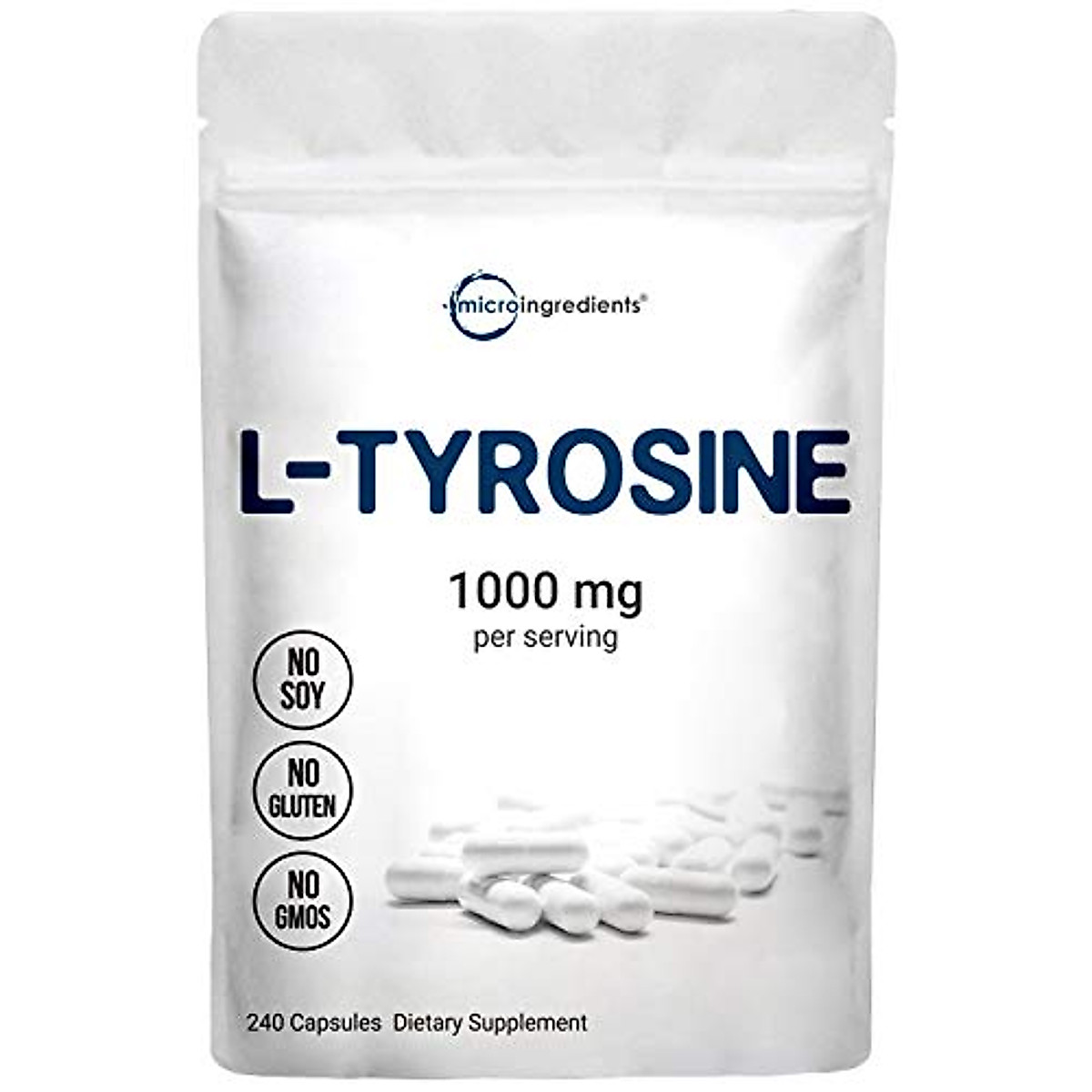 Plant Based L Tyrosine Pills, 1000mg Per Serving, 240 Capsules, Premium Tyrosine Pre Workout Supplement, Supports Mental Alertness Neurotransmitter, Non-GMO and Easy to Swallow