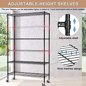 Generic 6-Tier Storage Shelves Wire Shelving with Wheels Heavy Duty Metal Shelves Tall Steel Shelving Units Adjustable 2100lbs Capacity Rolling Shelf Racks for Restaurant Garage Pantry Kitchen, Black