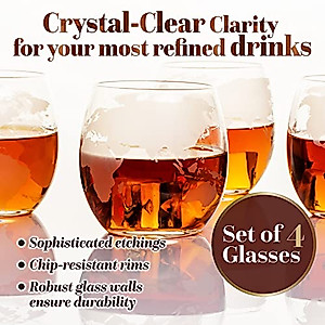 Kemstood Globe Whiskey Decanter Set - Etched World Design with Wooden Base & 4 Glass - Ideal for Dignified Drinking, Home Decor - Unique Whiskey Gifts for Men, Father - 850ml Capacity for Long Storage