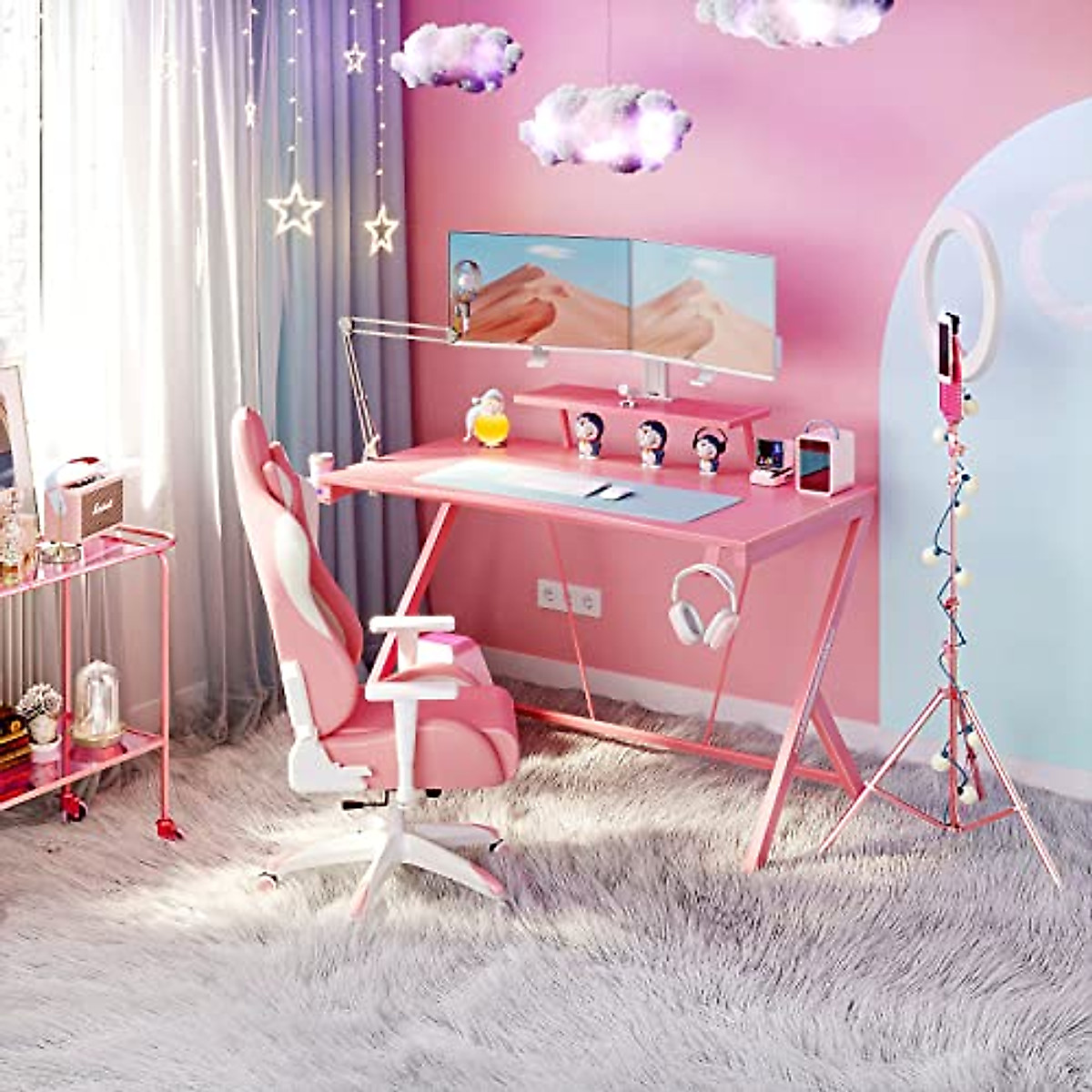 MOTPK Pink Gaming Desk 47" with Monitor Shelf Computer Desk Gaming Table Desk for Girls with Cup Holder and Headphone Hook Gamer Workstation Game Table, Gift for Girls Women