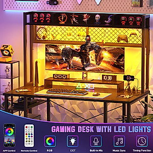 iSunirm Gaming Desk with Hutch - 47 Inch Computer Desk with LED Lights & Power Outlet, Home Office Writing Desk with Storage Shelf and Monitor Stand, Black