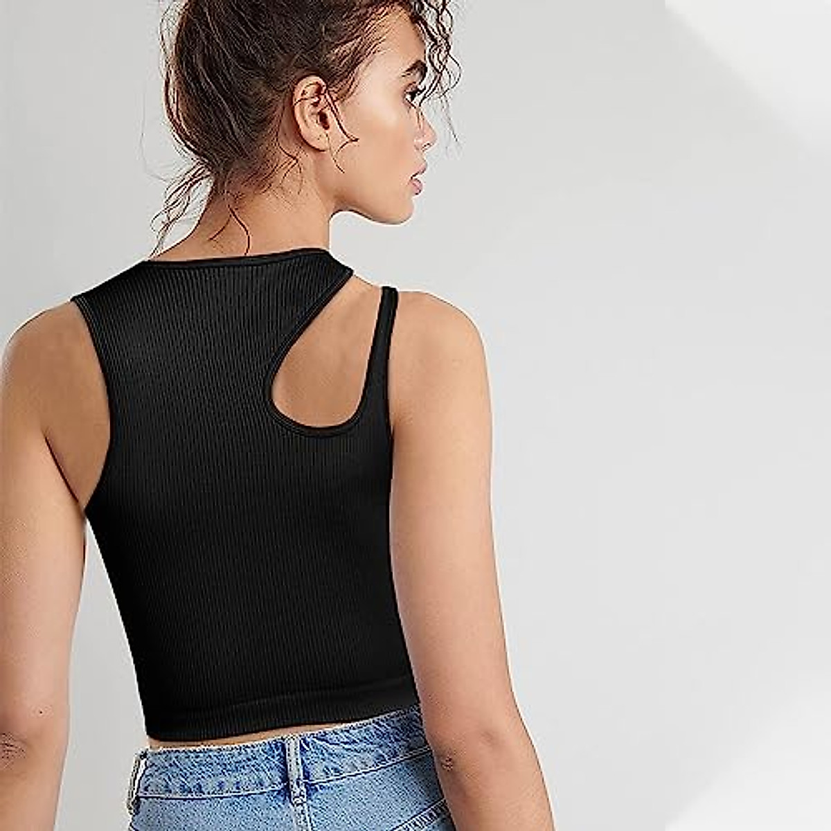 Relety Women's Crop Tops Seamless Ribbed Tank Tops Cut Out Halter Neck Racerback Sleeveless Yoga Workout Summer Tops for Women Black XS/S
