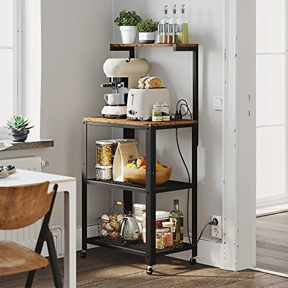 IRONCK Bakers Rack with Power Outlet, Industrial Microwave Cart with Wheels 3-Tier Coffee Bar for Kitchen Living Room Vintage Brown