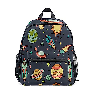 OREZI Cartoon Universe Ufo Planet Rocket Toddler Backpack for Boys Girls,Kid's Backpack Schoolbags for Kindergarten Preschool Toddler Travel Bag Snack Bag With Chest Clip