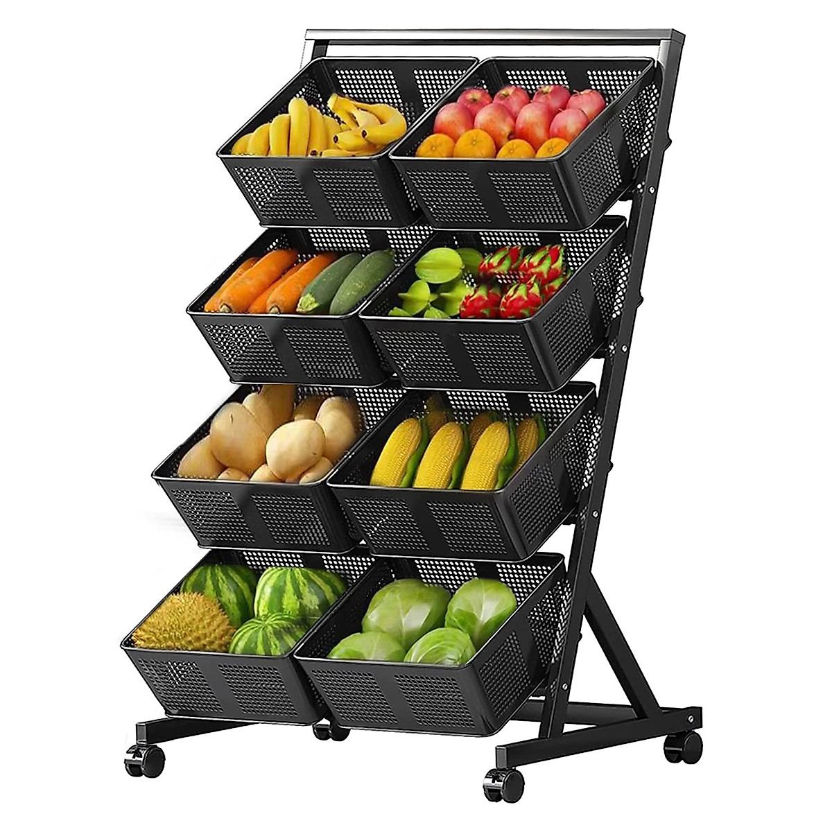 asunflower Kitchen Baskets Storage Cart 4 Tier Rolling Cart with Wheels Metal Fruit Baskets Rack Utility Organzier Cart with Push Handle Wire Fruit Vegetable Stand, Black