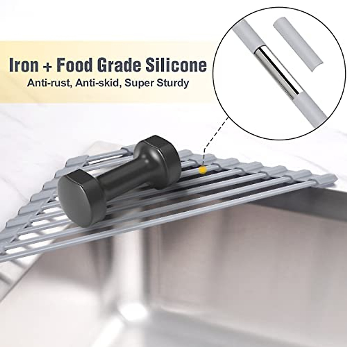 Triangle Roll-Up Dish Drying Rack - Small Foldable Silicone Coated for Sink Corner, Stainless Steel Over Sink Organizer, Drainer Caddy and Space Saver for Multipurpose Kitchen Storage (Gray)
