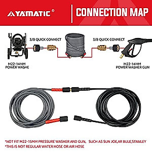 YAMATIC Super Flexible Pressure Washer Hose 50FT X 1/4", Kink Resistant Real 3200 PSI Heavy Duty Power Washer Extension Replacement Hose With M22-14mm x 3/8" Quick Connect Kit For Gas & Electric, Grey