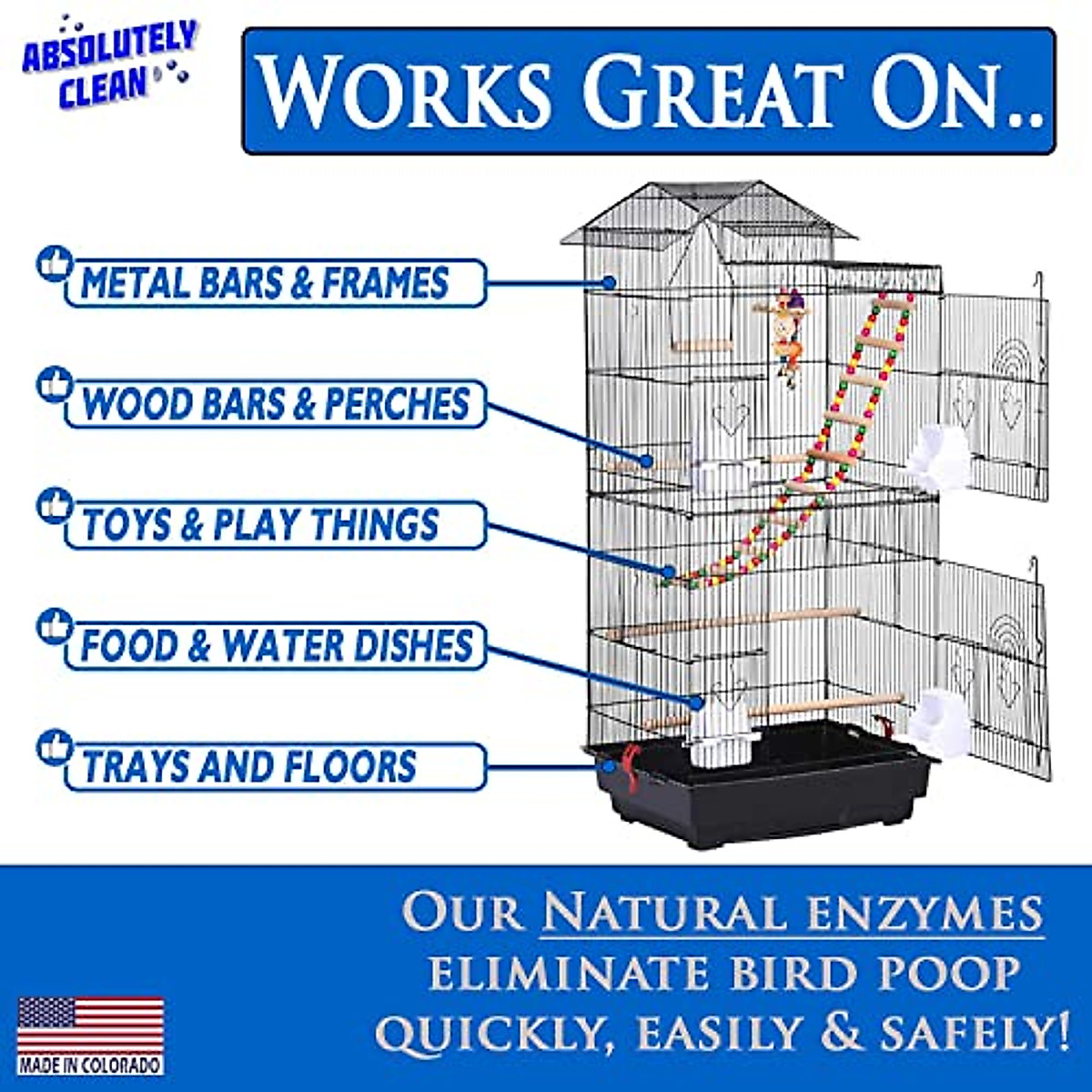 Absolutely Clean Amazing Bird Cage Cleaner and Deodorizer - Just Spray/Wipe - Safely & Easily Removes Bird Messes Quickly and Easily - Made in The US (16 Fl Oz (Pack of 2))