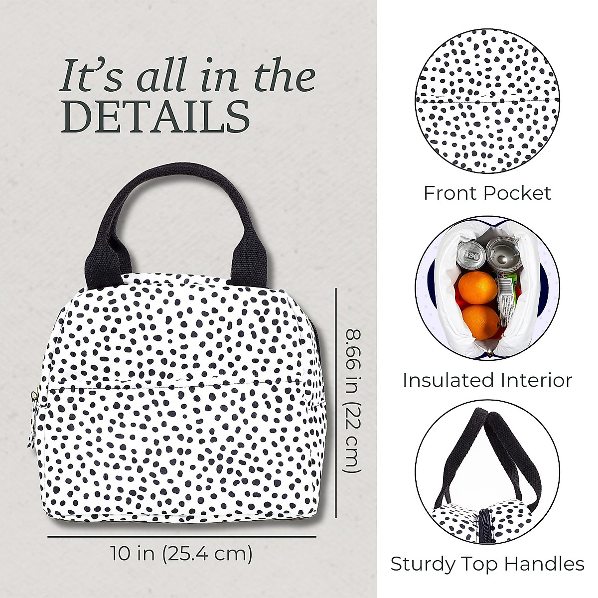 Steel Mill & Co Insulated Lunch Bag, Large Capacity Lunch Tote, Cute Lunch Box for Women, Mini Cooler with Zipper Closure, Pockets, and Sturdy Handles, Black Dots