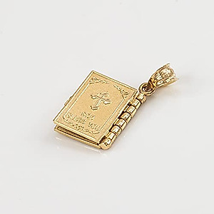 10K Yellow Gold 5/8" 3D Hinged Book with Pages Holy Bible with Lord’s Prayer Bottonee Cross Pendant Charm
