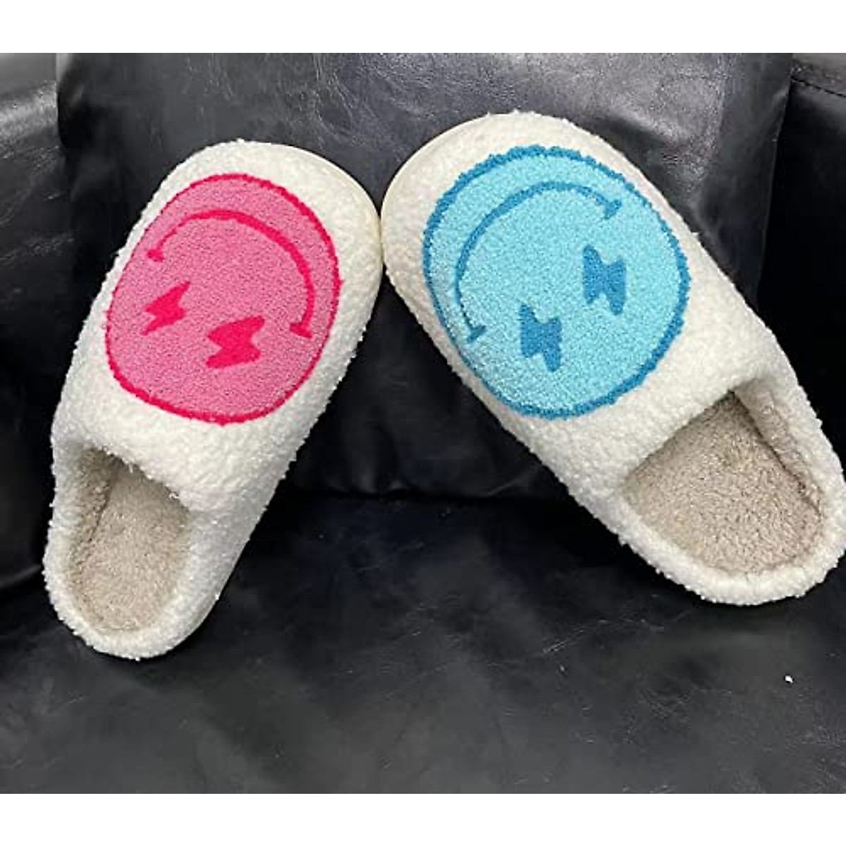 QIPILON Unisex Lightning happy Face Slippers Leopard Print happy Face Slippers Cat Slippers Retro Memory Foam Soft Plush Slippers Warm Non-Slip Home Shoes Pink 43-44