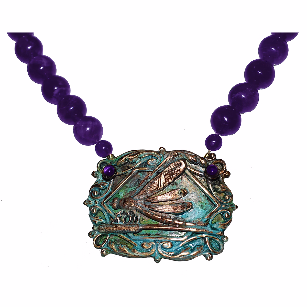Elaine Coyne Collectible Artwear Verdigris Patina Victorian Dragonfly on Cattail Pendant - Amethyst