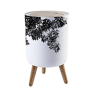 SHL96PZGX Small Trash Can with Lid Black Leafs in Summer on Blue Sky with Burst Light with Wood Legs Wastebasket Simple Human Round Garbage Bin for Kitchen, Bathroom, 1.8 Gallon - 7L