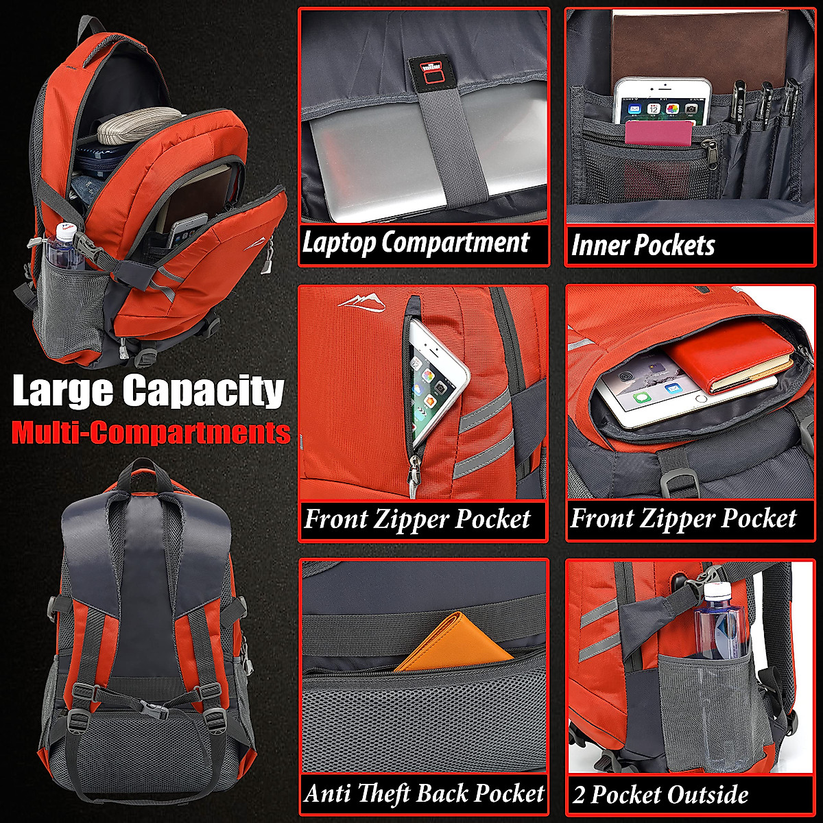 Backpack Bookbag for College Laptop Travel, Fit Laptop Up to 15.6 inch Multi Compartment with USB Charging Port Anti theft, Gift for Men Women (Orange)