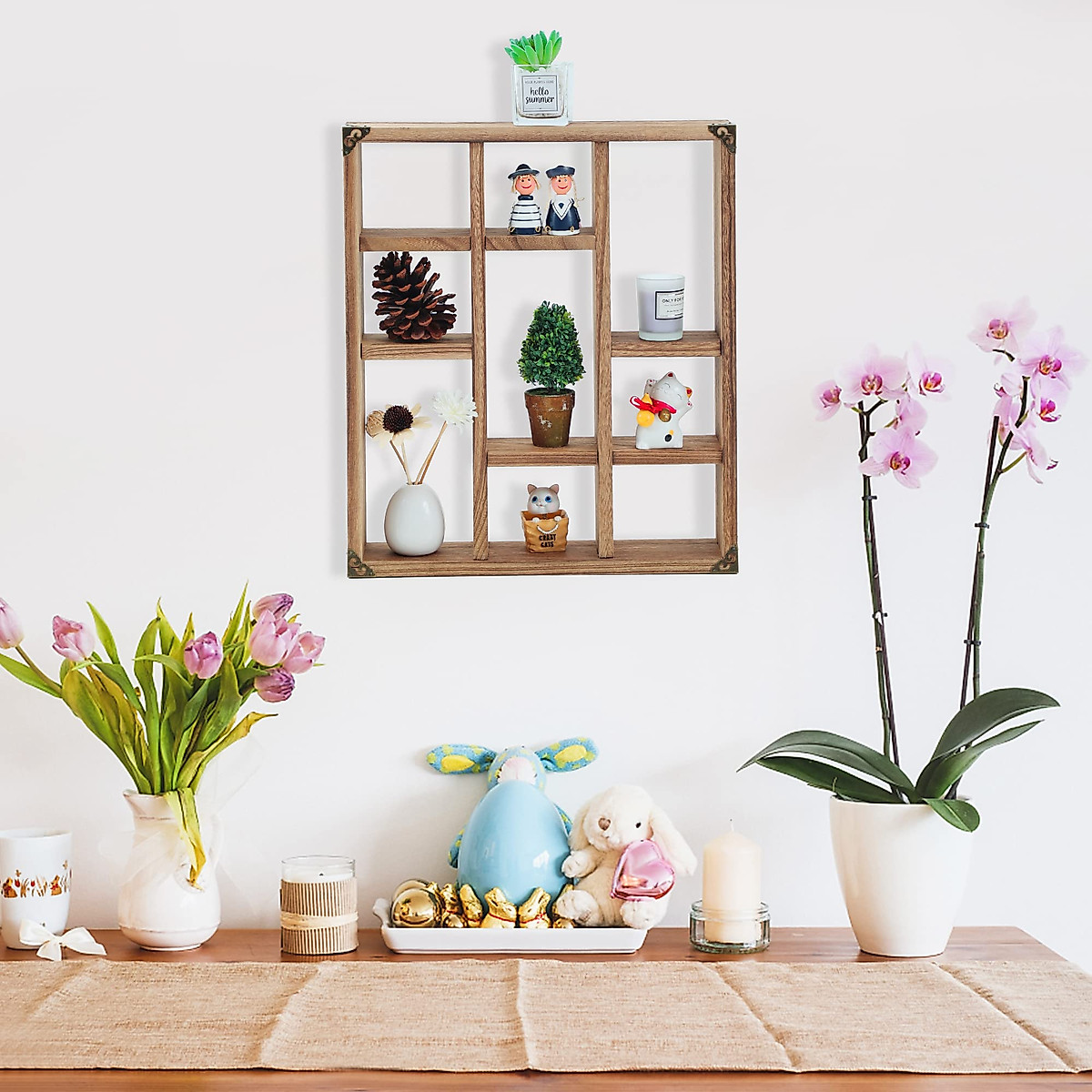 FIRMINANA Rustic Shadow Box Shelf,17.7x15.7-Inch Wall-Mounted (Vertical or Horizontal),9-Slot Rustic Wood Floating Shelves,Lightweight Solid Wood Display Shelf for Shot Glass (Brown)