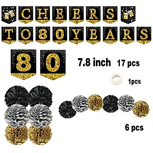 80th birthday decorations for men - (21pack) cheers to 80 years black gold glitter banner for women, 6 paper Poms, 6 Hanging Swirl, 7 decorations stickers. 80 Years Old Party Supplies gifts for men