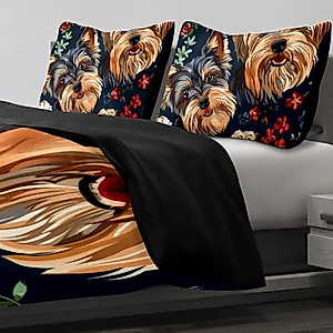 VAPOKF Duvet Covers Set Queen Size Soft and Breathable Microfiber Comforter Bedding Set 1 Duvet Cover 2 Pillowcase with Zipper Closure for Kids Women Men, Yorkshire Terrier Florals