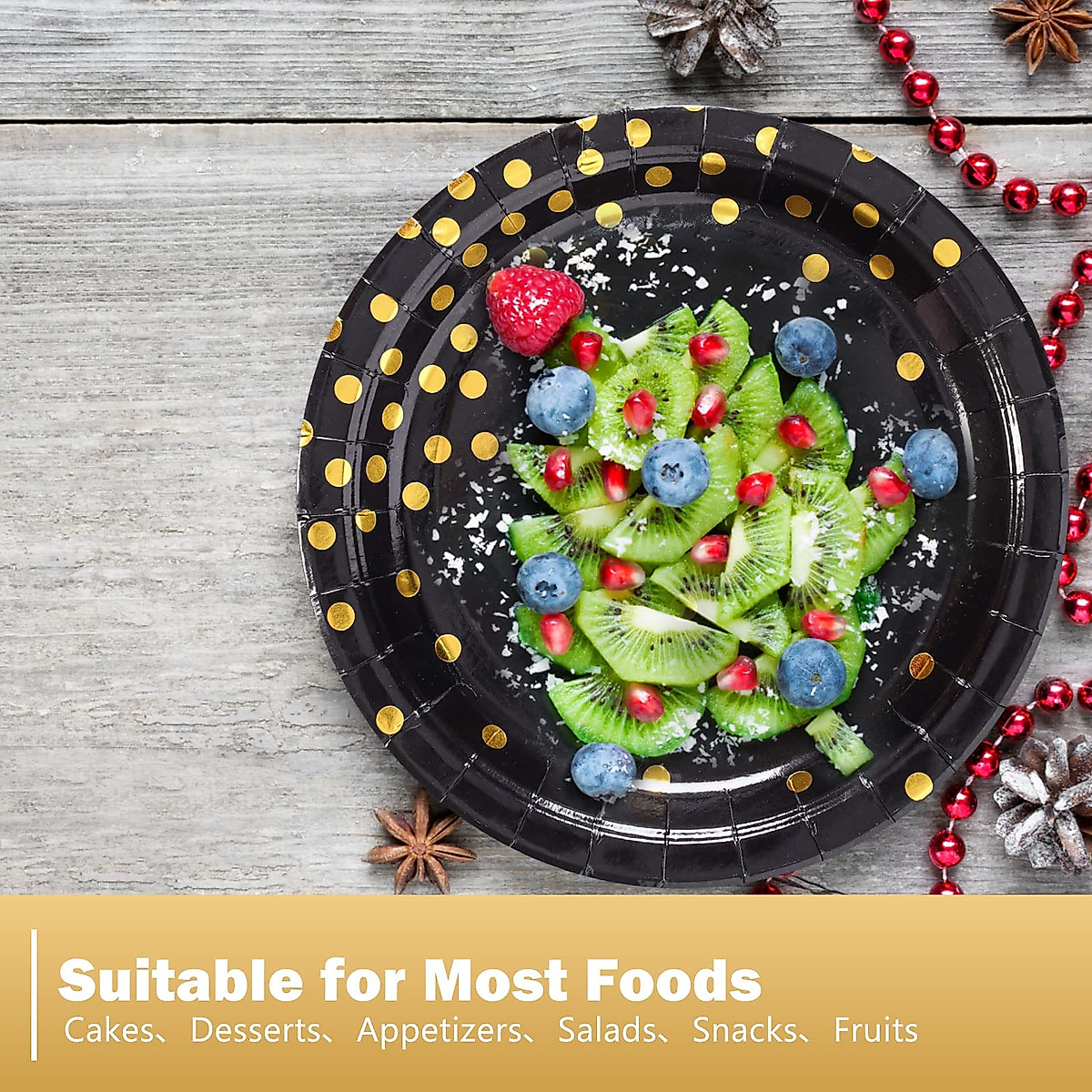 CENLBJ Black and Gold Party Supplies, Black Paper Dessert Plates for Birthday Graduation (50-Count)