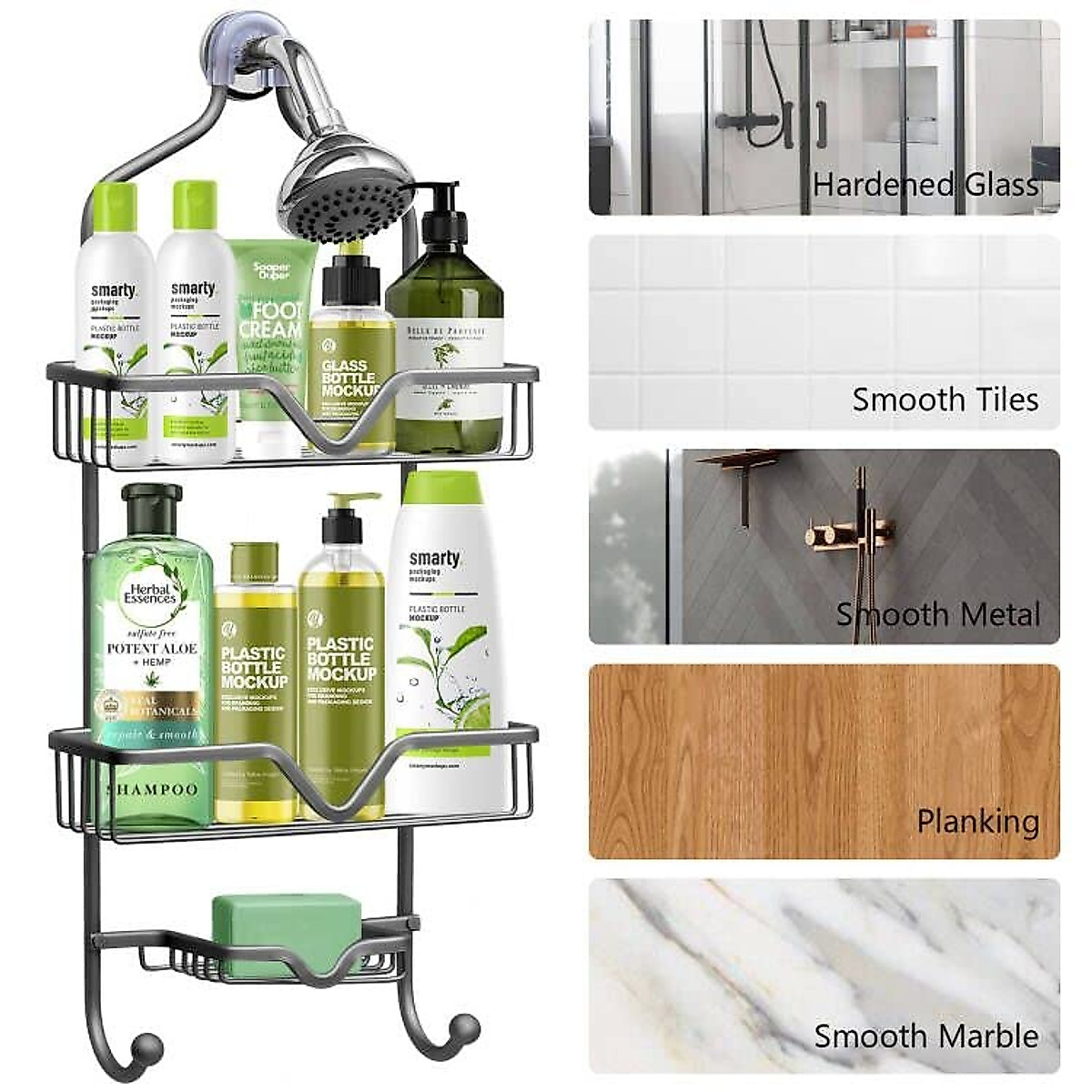 Lucalda Shower Caddy, Shower Caddy over Shower Head Bathroom Shower Hanging Caddy Aluminum, Hanging Shower Organizer over the Head Shower Rack, 2 Hooks Soap Shelf Gray, 25.2" × 10.6" × 4.3"