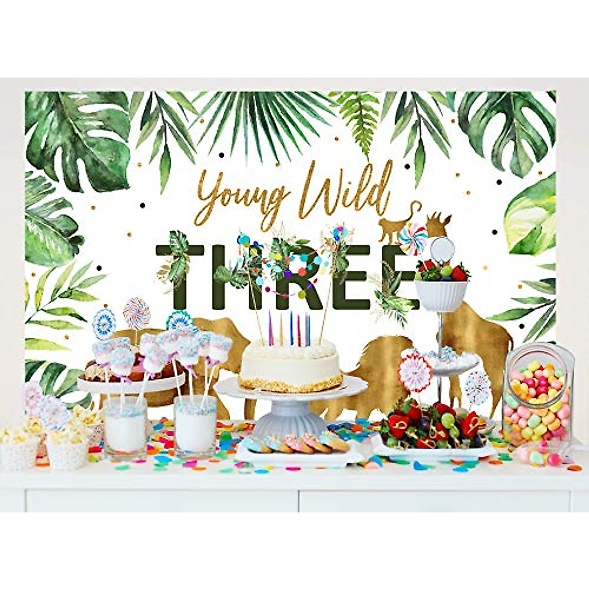 Ticuenicoa Young Wild Three 3rd Birthday Backdrop Jungle Safari Animals Background for Photography Tropical Leaves Backdrops Third Birthday Party Decorations 3 Years Old Photo Booth Props 5x3ft
