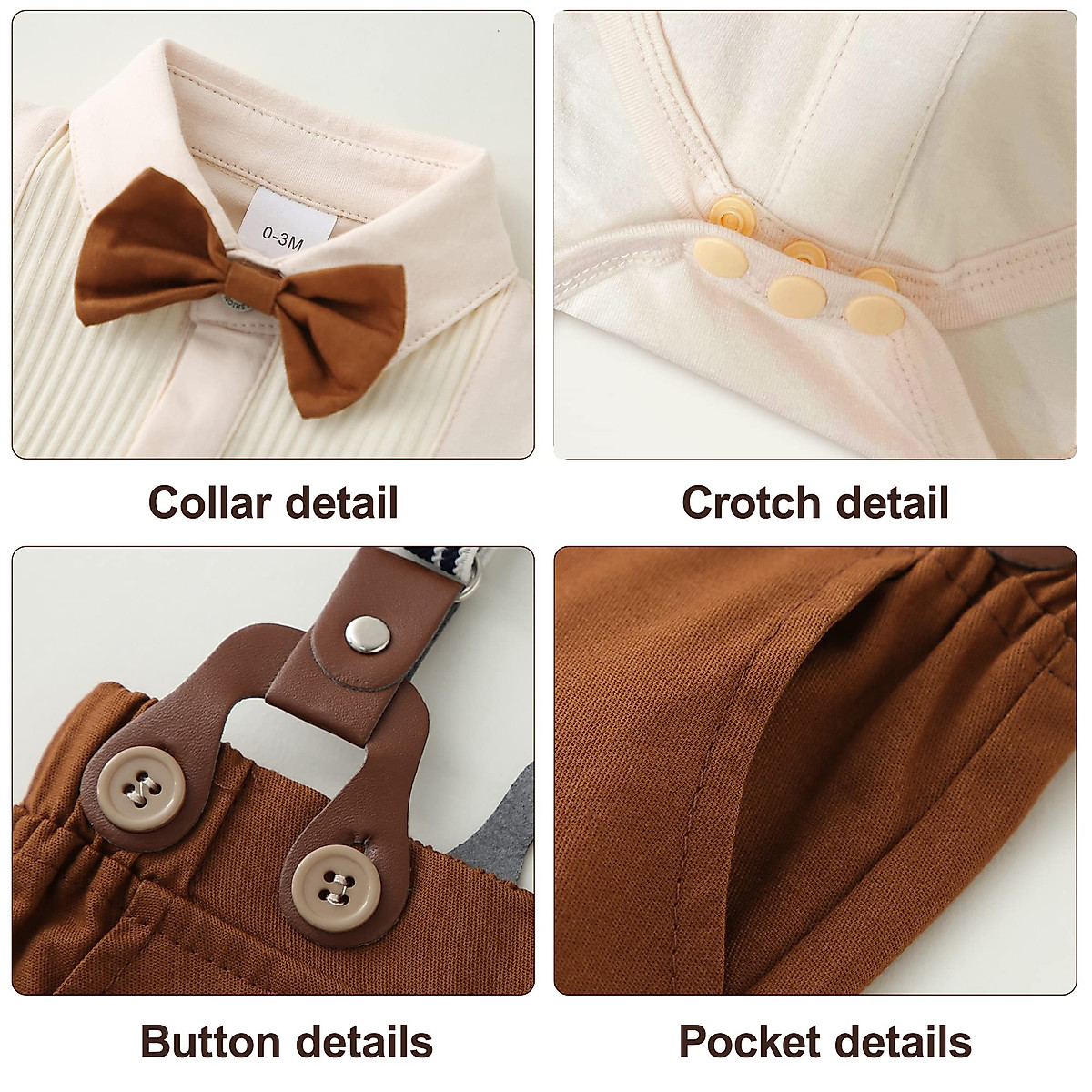 YUEMION Baby Boy Clothes Set Infant Tuxedo Long Sleeve Gentleman Suit Outfits + Beret Hat + Suspender Pants + Bowtie(L Beige - long sleeve, 6-12 Months)