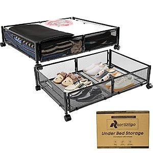 sortizligo 2pcs Large UnderBed Storage with Wheels - Sturdy Black Under Bed Storage with Wheels - Under the Bed Shoe Storage with Wheels of High-grade Steel – Can bare upto 25Kgs