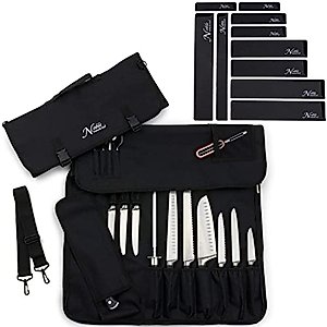 Chef’s Knife Roll (14 slots) and 10 Piece Knife Guards Bundle. Knife Bag Holds 10 Knives PLUS Meat Cleaver and Zippered Pouch. Knives Sheaths are Durable, Non-BPA, and Felt-Lined. Knives Not Included