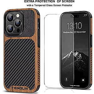 TENDLIN Compatible with iPhone 14 Pro Case Wood Grain with Carbon Fiber Texture Design Leather Hybrid Slim Case Black
