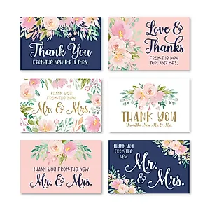 24 Navy Floral Wedding Thank You Cards With Envelopes Wedding Thank You From The New Mr And Mrs Cards - Mr And Mrs Thank You Cards Wedding With Envelopes, Bride Thank You Wedding Cards With Envelopes