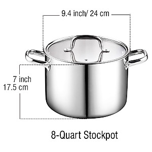Cook N Home Stainless Steel Stockpot 8 Quart, Tri-Ply Clad Stock Pot with Glass Lid, Silver