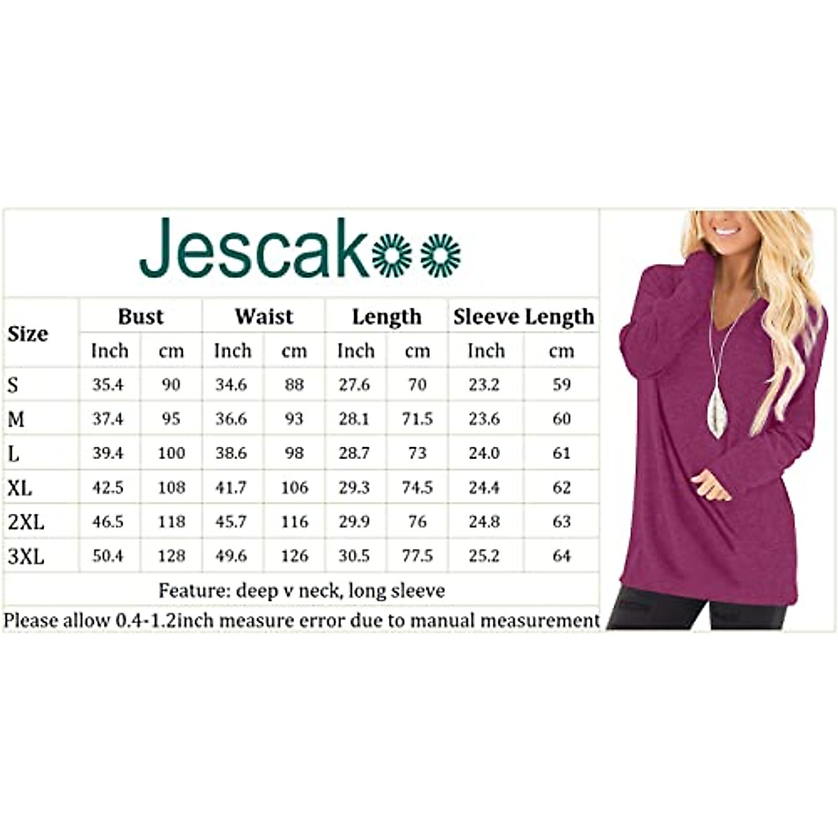 Jescakoo Womens Long Sleeve Tops Loose Fall Tunic Shirts V Neck Workout Fuchsias S