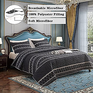 Homuno Black Quilt Set Queen Size 3-Piece Set (90 x 96 Inches), Bohemian Style All-Season Lightweight Reversible Microfiber Bedspread Set (1 Piece Quilt Set, 2 Pieces Pillowcase)