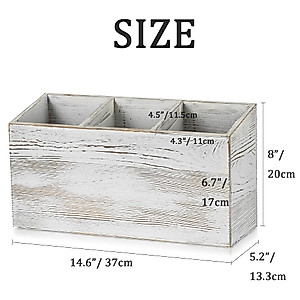 Hanobe Large Wooden Utensil Holder: Rustic Farmhouse Wood Cutlery Caddy 3 Compartment Silverware Countertop Organizer Distressed White Washed Flatware Storage for Kitchen Dinning Table