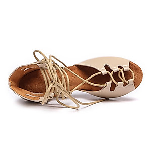 JUODVMP Women Latin Dance Shoes cross straps Stiletto Heel peep Toe Ballroom Cha-Cha High Heel Dance Shoes Model YCL552,Beige 3.4 inch,6 US