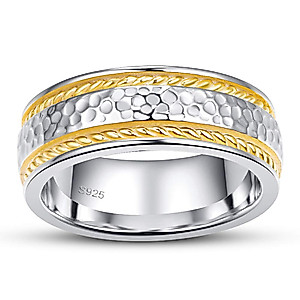 AVECON 6MM Wedding Band for Men 925 Sterling Silver 18K Gold Plated Hammered Engagement Unisex Rings Size 7