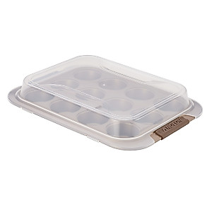Anolon Bronze Nonstick 12-Cup Muffin Tin With Silicone Grips and Lid / Nonstick 12-Cup Cupcake Tin With Silicone Grips and Lid - 12 Cup, Brown