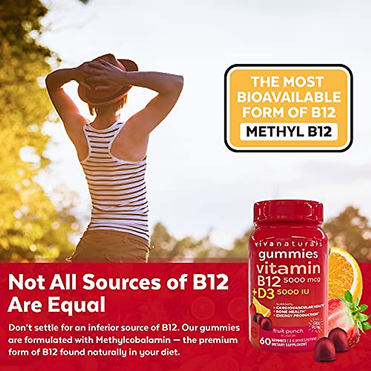 Vitamin B12 5000mcg and Vitamin D3 5000 IU Gummies, 60 Count | Delicious Fruit Punch Flavor, Vitamin D and Methyl B12 Vitamins for Energy and Immune Support