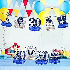 Kauayurk 8Pcs 30th birthday Honeycomb Centerpieces Decorations for Men, Blue Silver Happy 30 Table Centerpiece Party Supplies,Thirty Year Old Topper Decor Sign
